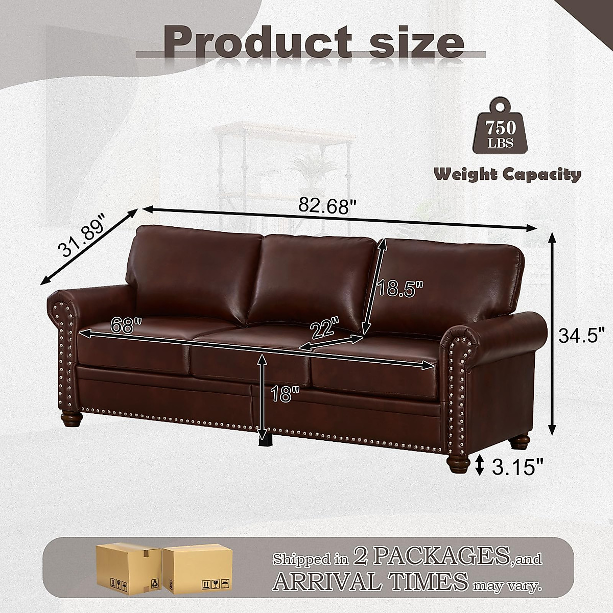 JEEOHEY Faux Leather Sofa Couch,82" Mid Century Modern Couch with Storage Place,Oversized 3 Seater Sofa with Nailhead Trim&Rolled Arm,Deep Seat Comfy Couch for Living Room,Apartment,Office(Burgundy)