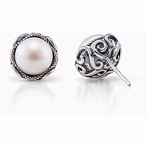 Joolala Circle of serenity – Fresh Water Cultured Round White Pearl in 925 Silver Post and Nut Stud Earrings for Women