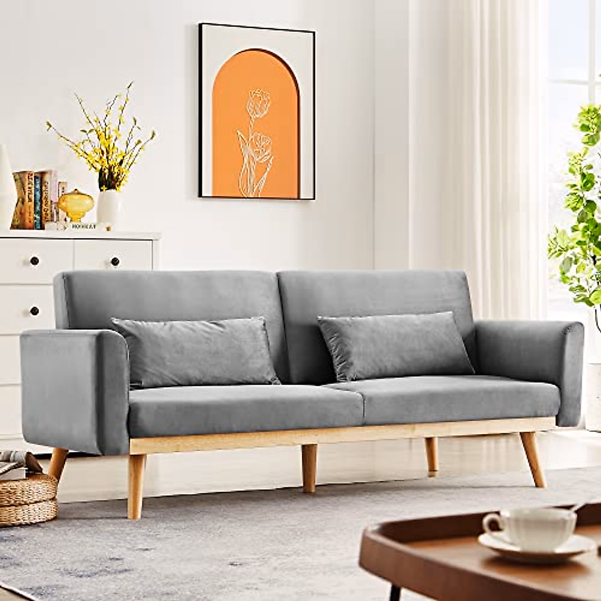 DKLGG Grey Futon Sofa Bed, Velvet Convertible Sofa Couch Sleeper with Wood Legs & 2 Pillows, Upholstered Loveseat for Small Spaces Living Room Bedroom Furniture, 3 Adjustable Positions, Easy Assembly