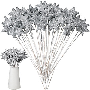 Suzile 60 Pcs Star Floral Picks Silver Glitter Star Pick 7.9'' Star Centerpiece Twinkle Star Stem Puffy Foam Stars Stick Decor Wedding Bridal Baby Shower Birthday Christmas Party