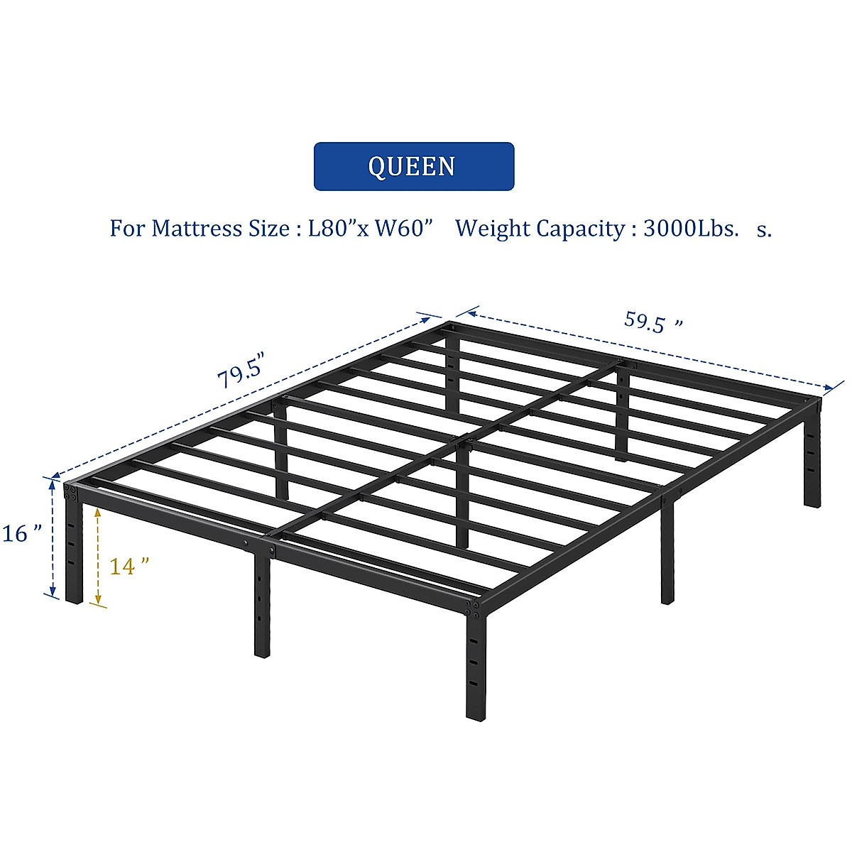 YUSENHEEI Queen Size Bed Frame 16 Inches High Metal Platform Bedframe with Slat Strips Easy Assembly Heavy Duty Strong No Need Box Spring Noise Free Non-slip Large Storage Space Underbed