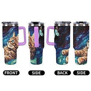 Cute Cat Playing with Butterfly 40 Oz Stainless Steel Cup Travel Tumbler with Handle and Straw Lightweight Coffee Mug for Home Office