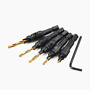 Xnrtop Woodworking Tool Countersink Drill Bit Set 1/4 Inch Hex Shank Power Tools Accessories for Plastic Metal 5Pcs/Set #5#6#8#10#12 (Gold)