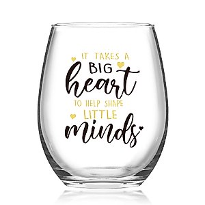 Modwnfy It Takes A Big Heart To Help Shape Little Minds Stemless Wine Glass, Teacher’s Day Gift Teacher Appreciation Week Gift Birthday Gift for Her Him Teacher Professor Teaching Assistant, 15 Oz
