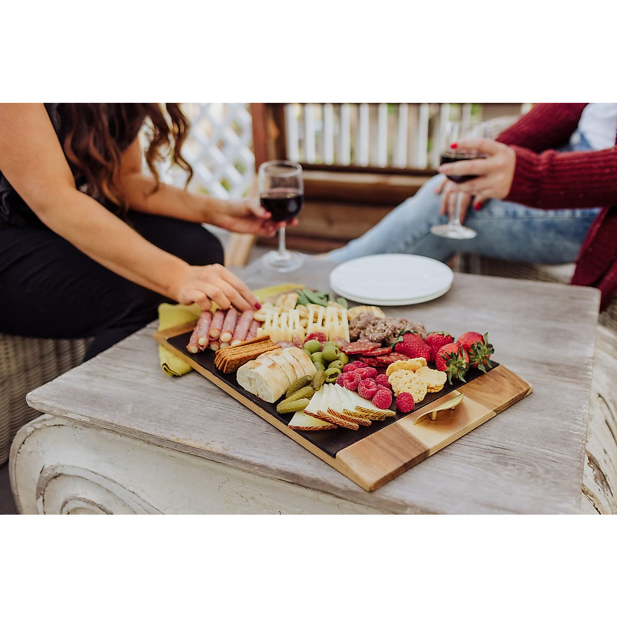 PICNIC TIME Disney Mickey Mouse & Minnie Mouse Covina Acacia and Slate Serving Tray, Charcuterie Board Set, Cheese Board, (Acacia Wood & Slate Black with Gold Accents)