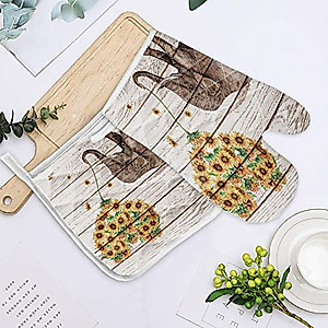 Sunflower Elephant Kitchen Oven Mitt and Pot Holder Love Heart with Sunflowers Oven Gloves and Hot Pads Heat Resistance Non-Slip Surface for Kitchen BBQ Cooking Baking Grilling, Rustic Wooden