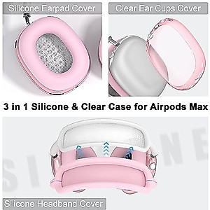 Silicone Case Cover for AirPods Max, Clear Soft TPU Earcup Cover/Silicone Ear Pad Case Cover/Headband Cover for AirPods Max, Transparent Accessories Silicone Protector for Apple AirPods Max, Pink