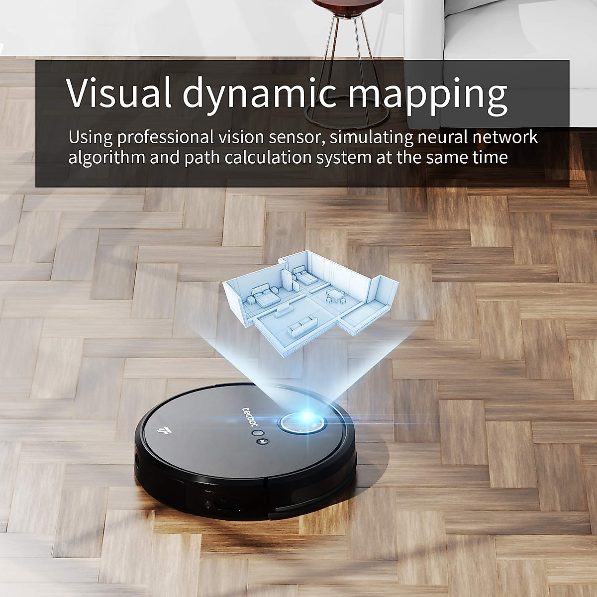 TECBOT Robot Vacuum Cleaner with Intelligent Visual Map and Navigation, 2000Pa WiFi/App/Alexa, Self-Charging, Very Suitable for Pet Hair, Carpets, Hard Floors, 150 Minutes Running Time