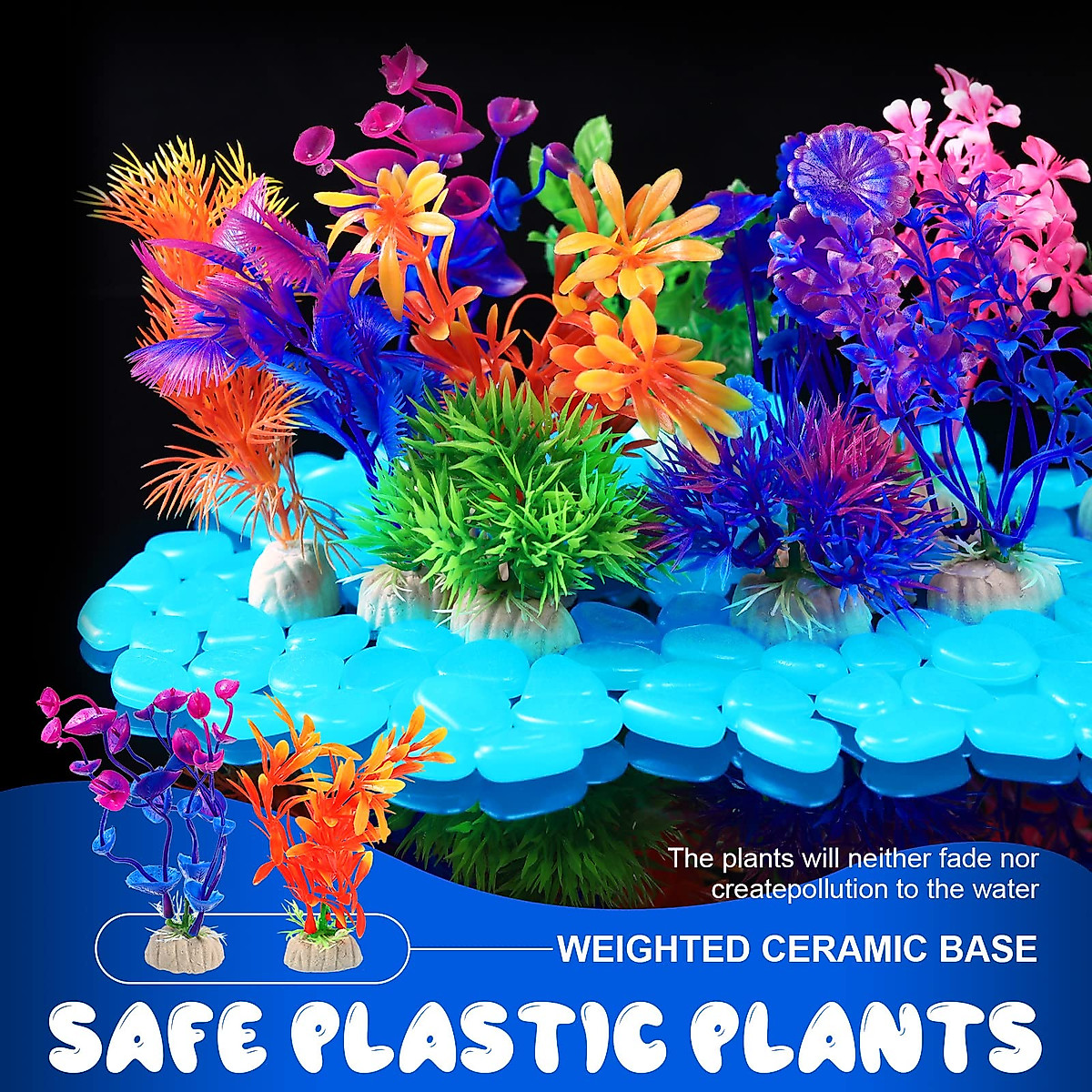 Jexine 100 Pcs Fish Tank Rocks Glow Blue, Fish Tank Stones Accessories Gravel with 10 Pack Artificial Aquatic Plants Fish Tank Plants Plastic Coral Reef Decorations for Aquariums