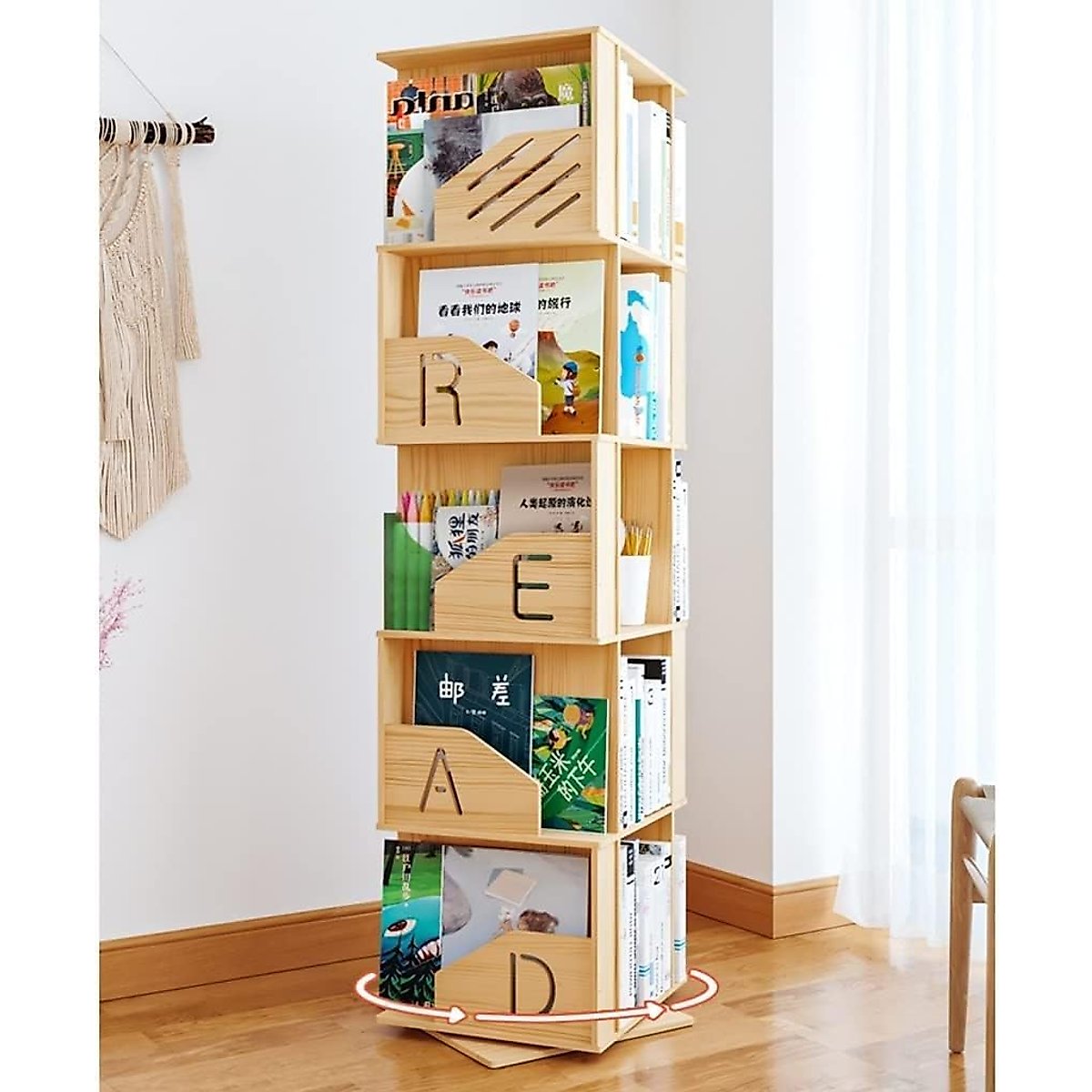 4-tier/5-tier/6-tier Bookshelf 360° Rotating Bookshelf Solid Wood Floor Bookshelves Square Rack Bookcase Modern Bookcase