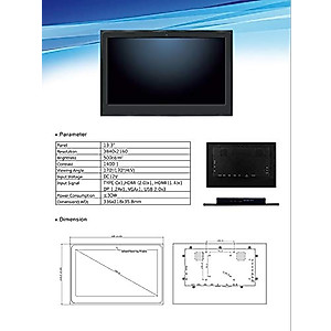 Yiletec 13.3" YL-133MC4K UHD 3840X2160 Metal Frame Capacitive Touchscreen IPS Built in Speakers USB Type-C HDMI 2.0,HDMI 1.4X1 DP1.2AX1,VGAX1,USB 2.0X3