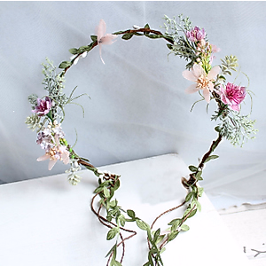 Vivivalue Vine Flower Crown Boho Flower Headband Hair Wreath Floral Headpiece Halo with Ribbon Wedding Party Photos Festival
