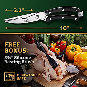 Heavy Duty Stainless Steel Poultry Shears For Bone, Chicken, Meat, Fish, Seafood, Vegetables. Premium Spring Loaded Food Scissors. One piece Kitchen Shears. (Black Wooden Handles)