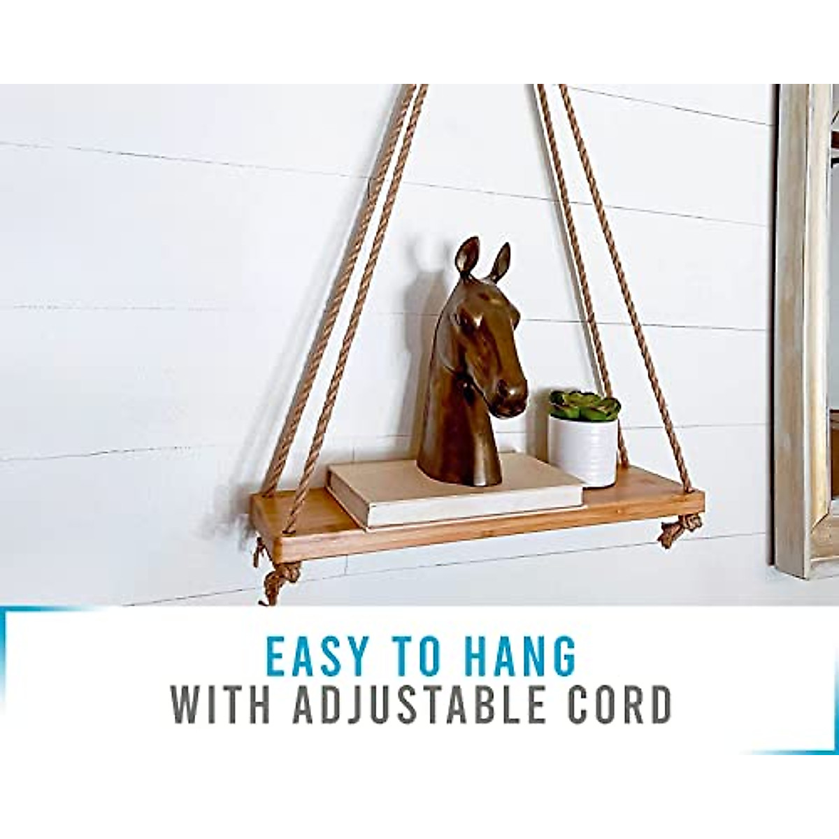 Comfify Modern Set of 2 Wooden Floating Shelves with String – Farmhouse Boho Wall Decor for Living Room Wall – Natural Wood Decorative Shelves with Rope – 17”x5.2” - Natural Color