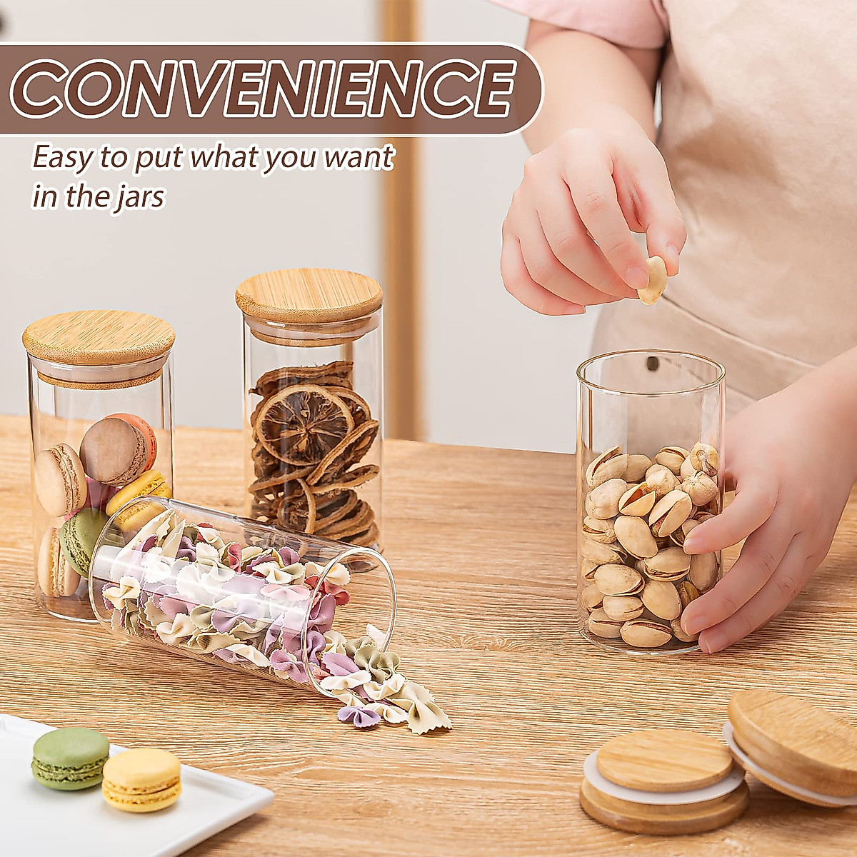 Claplante 10oz Glass Storage Jars with Bamboo Airtight Lids, Set of 15 Small Glass Canisters, Glass Food Storage Container, Airtight Pantry Organization, Kitchen Canisters Set for Kitchen Food Storage