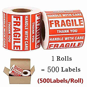 Immuson Warning Fragile Tape, 3" X 2" Fragile Handle with Care Warning Stickers for Shipping and Packing,500 Labels Per Roll (1 Roll)