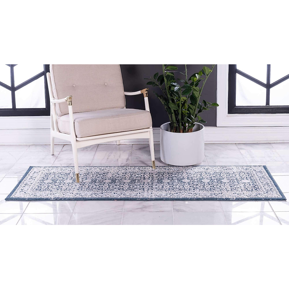 Unique Loom Leila Collection Distressed, Traditional, Vintage, Border, High-Low Pile, Botanical Area Rug, 8' 0 x 8' 0 Square, Navy Blue/Ivory