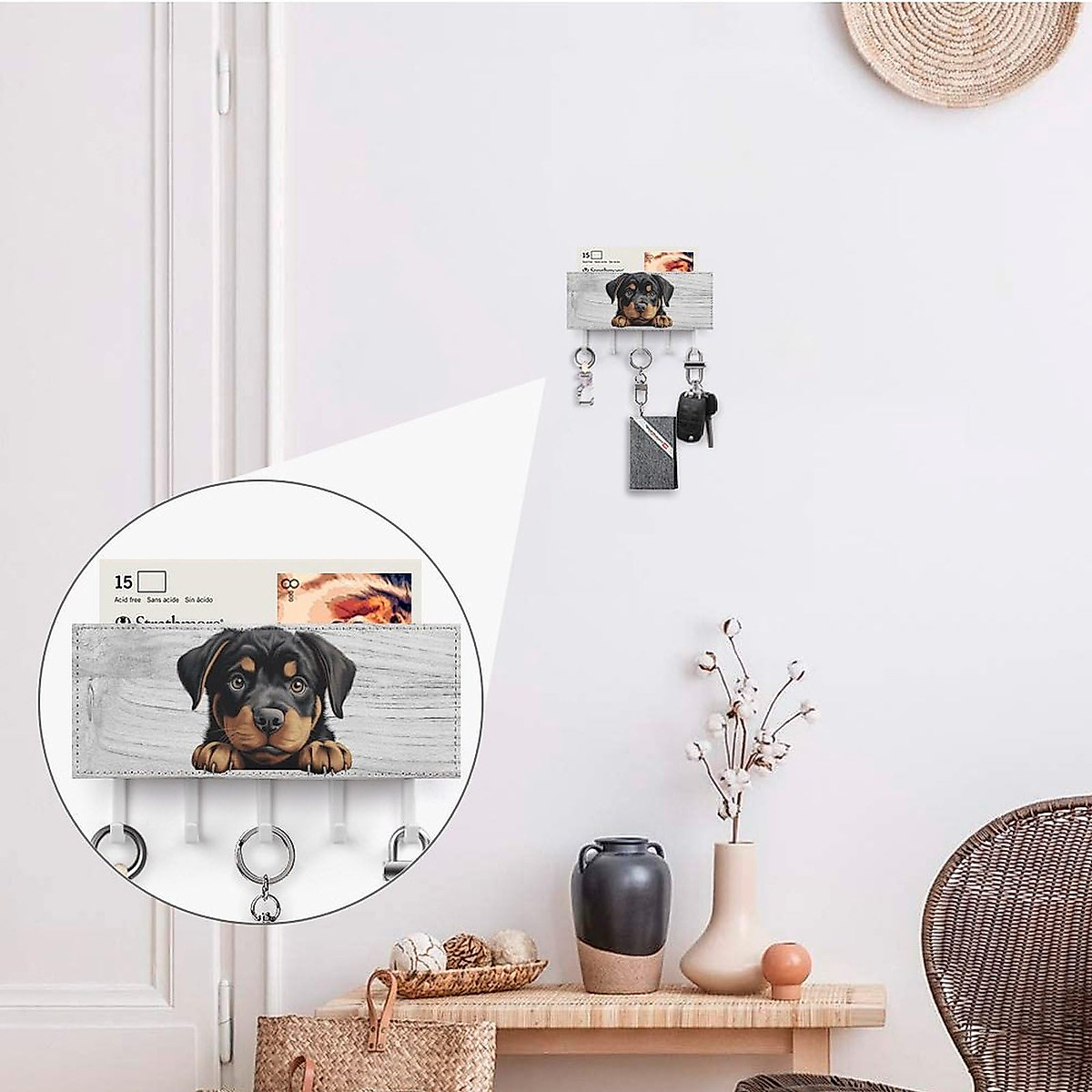 Rottweiler Key Holder Dog Mom Gift Wall Mount Key Hanger Self Adhesive Key Hanging Rack Rustic Mail Holder Decorative for Home Office Entryway 7x4 Inch