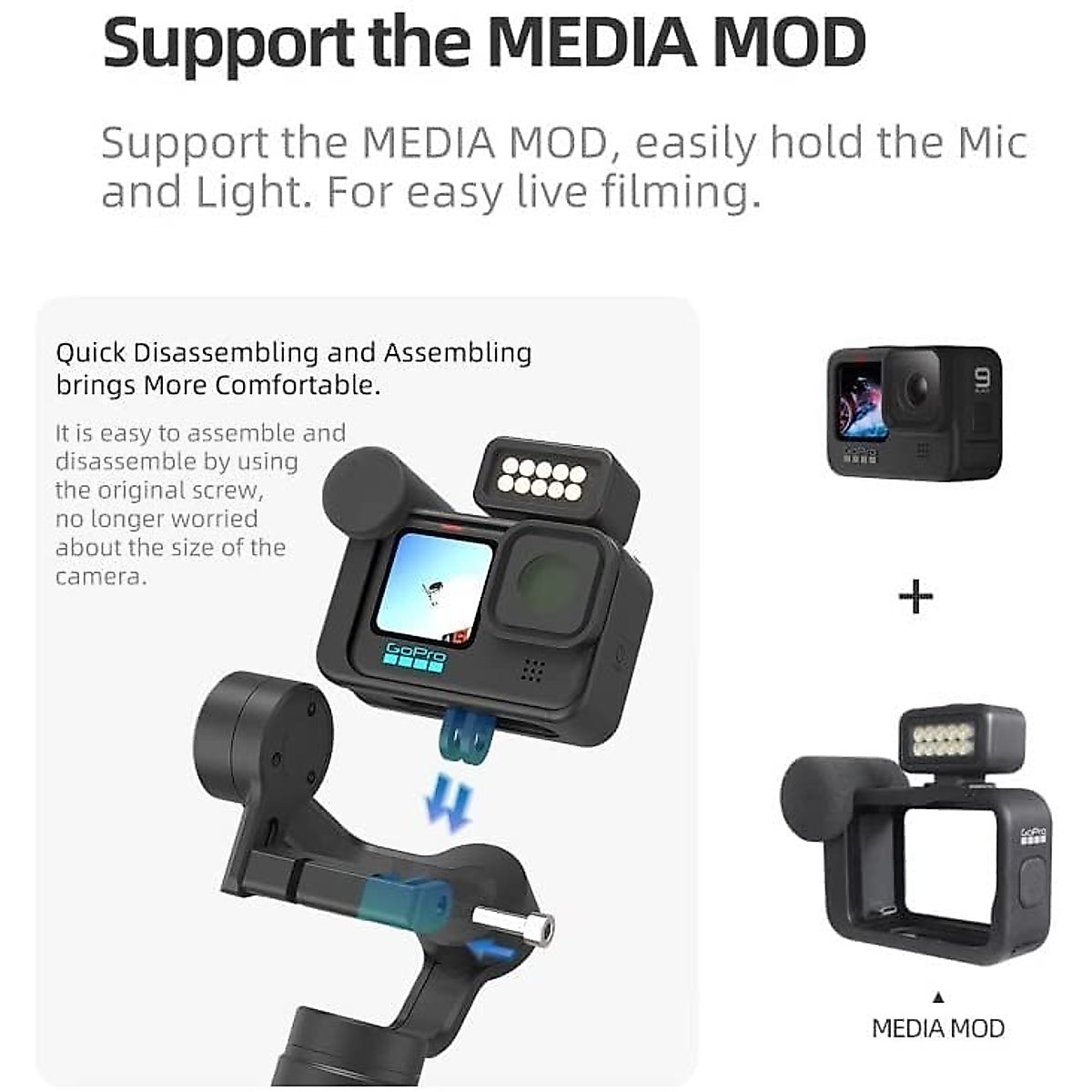 INKEE Falcon Plus Gimbal Stabilizer for Gopro w/Media Mod for Go Pro Hero 10/9/8/7/6, for Insta360 Osmo Action Anti-Shake Wireless Control Handheld Gimble w/Tripod Stand Original Screw Mounting Plate