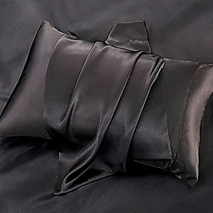 P Pothuiny 6-Piece Queen Satin Sheets Luxury Silky Black Satin Bedding Sheet Set, 1 Deep Pocket Fitted Sheet + 1 Flat Sheet + 4 Pillow Cases