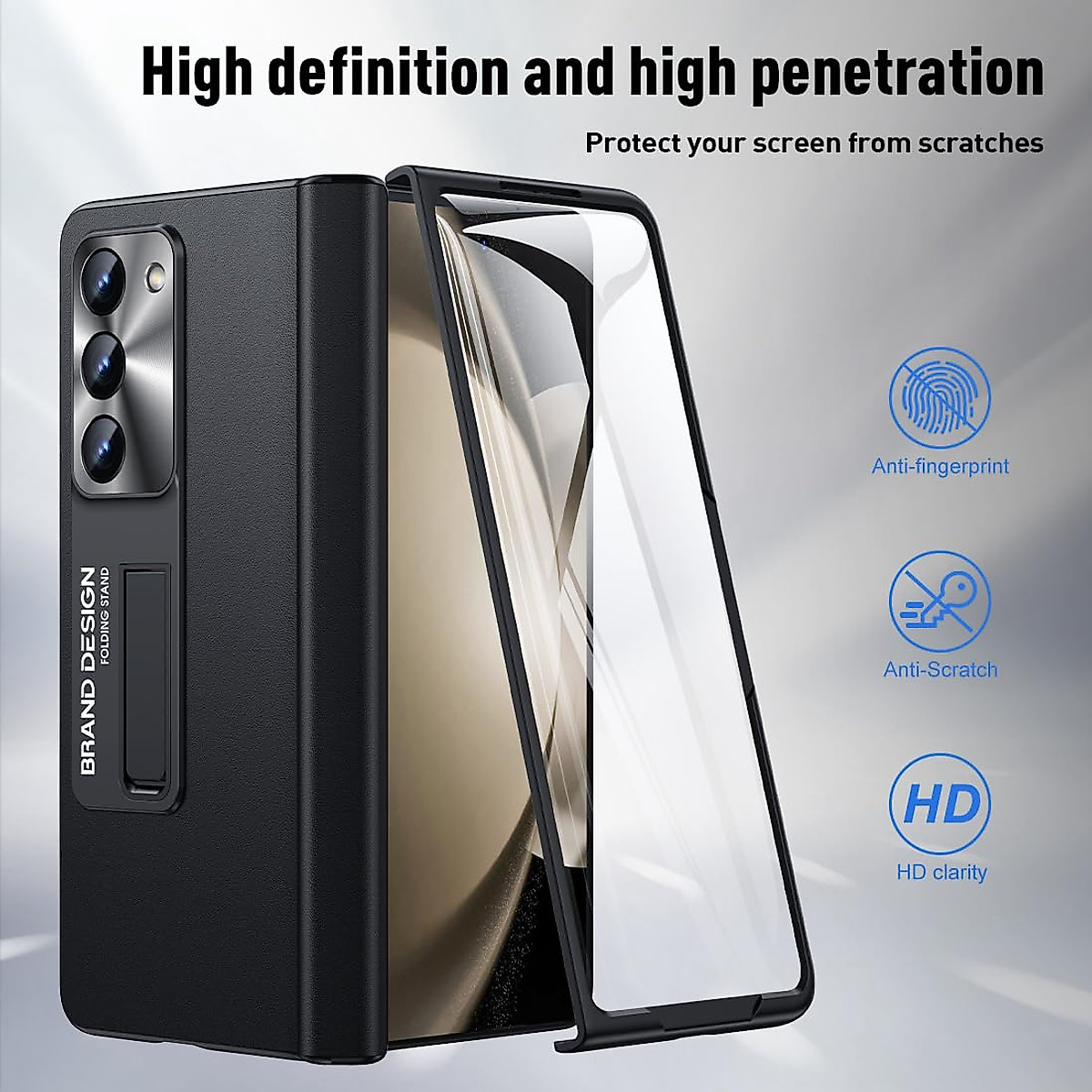 LEIAU for Samsung Galaxy Fold 5 Case: Luxury Genuine Leather case with Full Cover Hinge Protection & Screen Protector & Kickstand - Shockproof Protective Phone Case for Galaxy Z Fold 5 5G 2023 Black