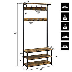 Yaheetech 3-in-1 Design Hall Tree Coat Rack Shoe Bench with 23 Hooks, Entryway Storage Shelf Bench with Metal Frame, Industrial Accent Furniture for Mudroom & Hallway, Easy Assembly, Rustic Brown