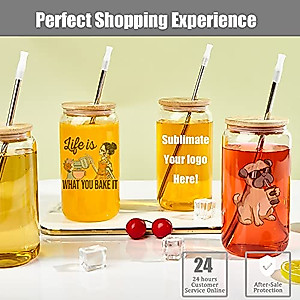 WindMage 12 packs 16 oz Clear Sublimation Glass Cans Blanks with Bamboo Lid, Stainless Straw, Brush, Silicone Tip, Reusable Drinking Beer Cans Iced Coffee Glasses Jar Tumbler Cups