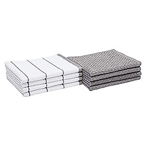 Amazon Basics 100% Cotton Terry Kitchen Dish Towels, Popcorn Texture, 8 Pack, Grey Stripe, 28"L x 16"W