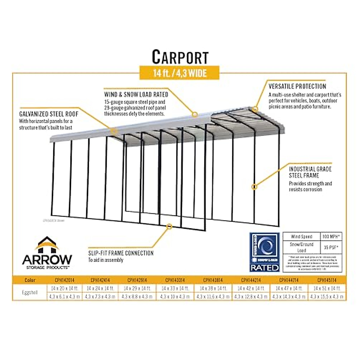 Arrow Carports Galvanized Steel Carport, RV Metal Carport Kit, 14' x 42' x 14', Eggshell