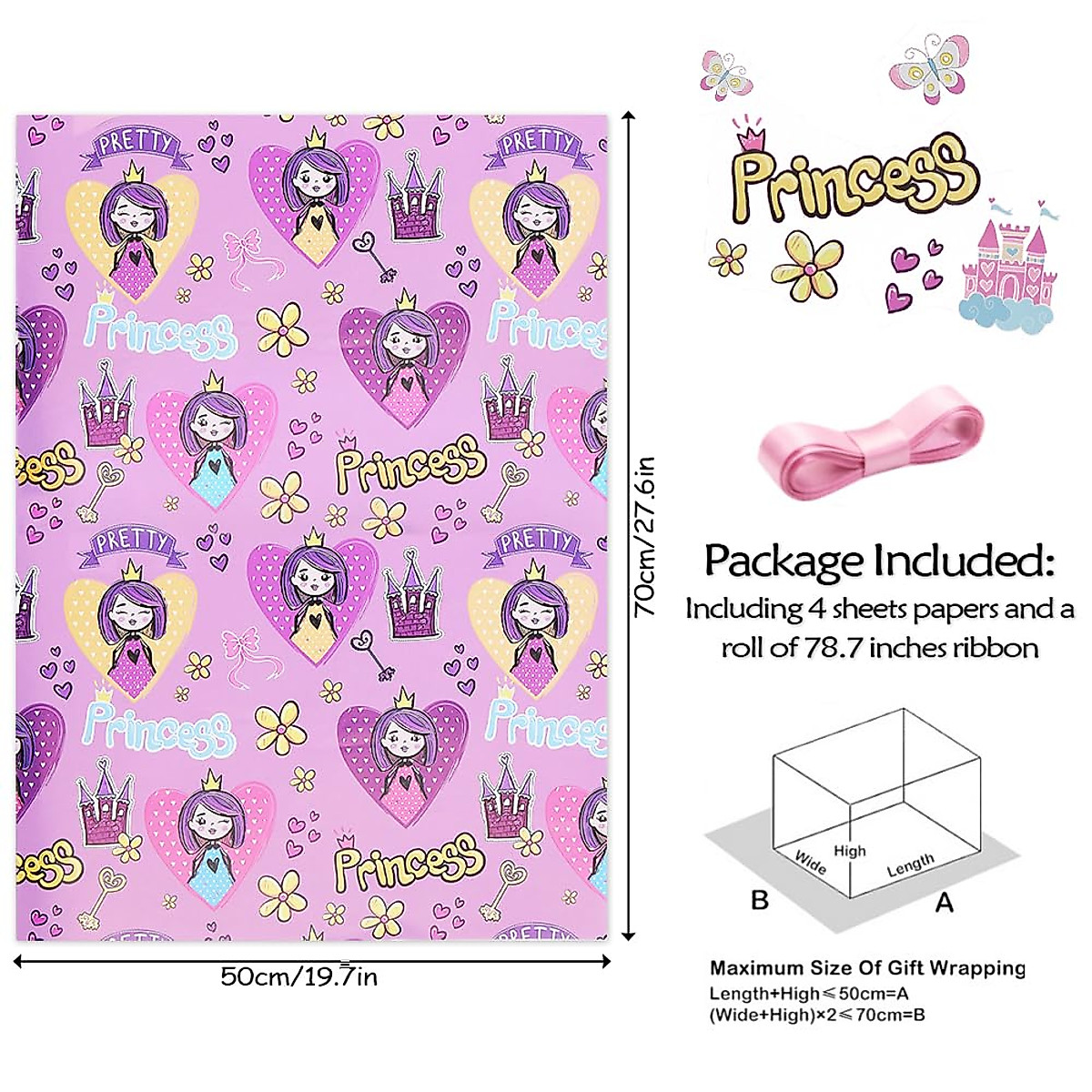 Princess Birthday Wrapping Paper for Girls Kids Baby Child, Lovely Pink Princess Castle Theme Gift Wrapping Paper for Birthday Baby Shower with Pink Ribbon 4 Sheets Folded Flat
