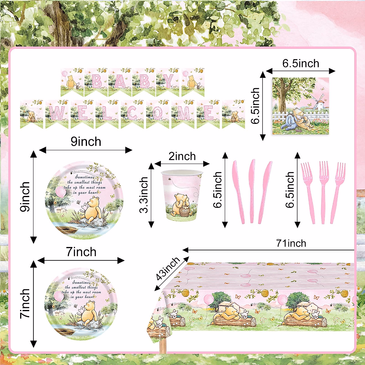 122PCS Classic Bear Baby Shower Party Supplies for Baby Girls Kids1st First Birthday Pink Neutral Winnie Bear Themed Disposable Tableware Set Plates Napkins Cups Tablecloths Banners for 20 Guests