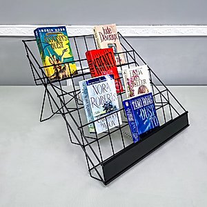 FixtureDisplays® 4-Tiered Book Signing Rack, CD Display, 18" Wire Rack for Tabletop Use, 2.5" Open Shelves, with Header - Black 119362-FBA