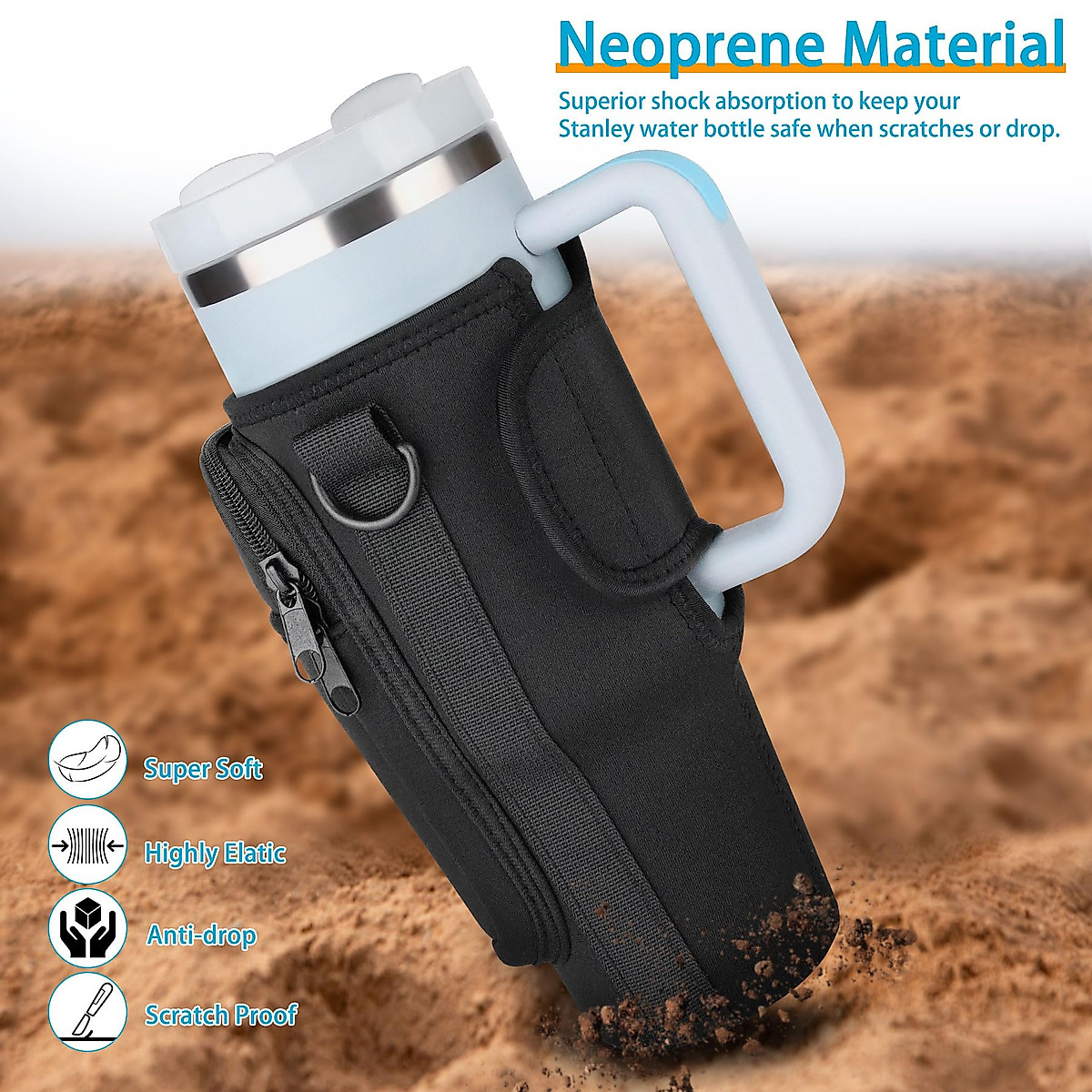 CTSZOOM Water Bottle Carrier Bag for Stanley 40 Oz Tumbler, Bottle Pouch Holder with Pocket and Adjustable Shoulder Strap for Stanley Quencher H2.0, Accessories for Stanley Cup Walking Camping Black