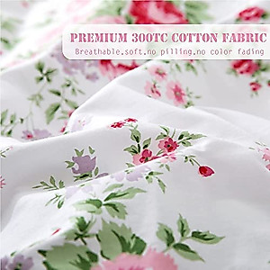 ZJZC Art Ruffle Duvet Cover Set Queen, 100% Cotton Pink Rose Floral Duvet Cover Cottage French Countryside Vintage Shabby and Chic 3 Pieces with Pillow Shams (Rose, Queen)