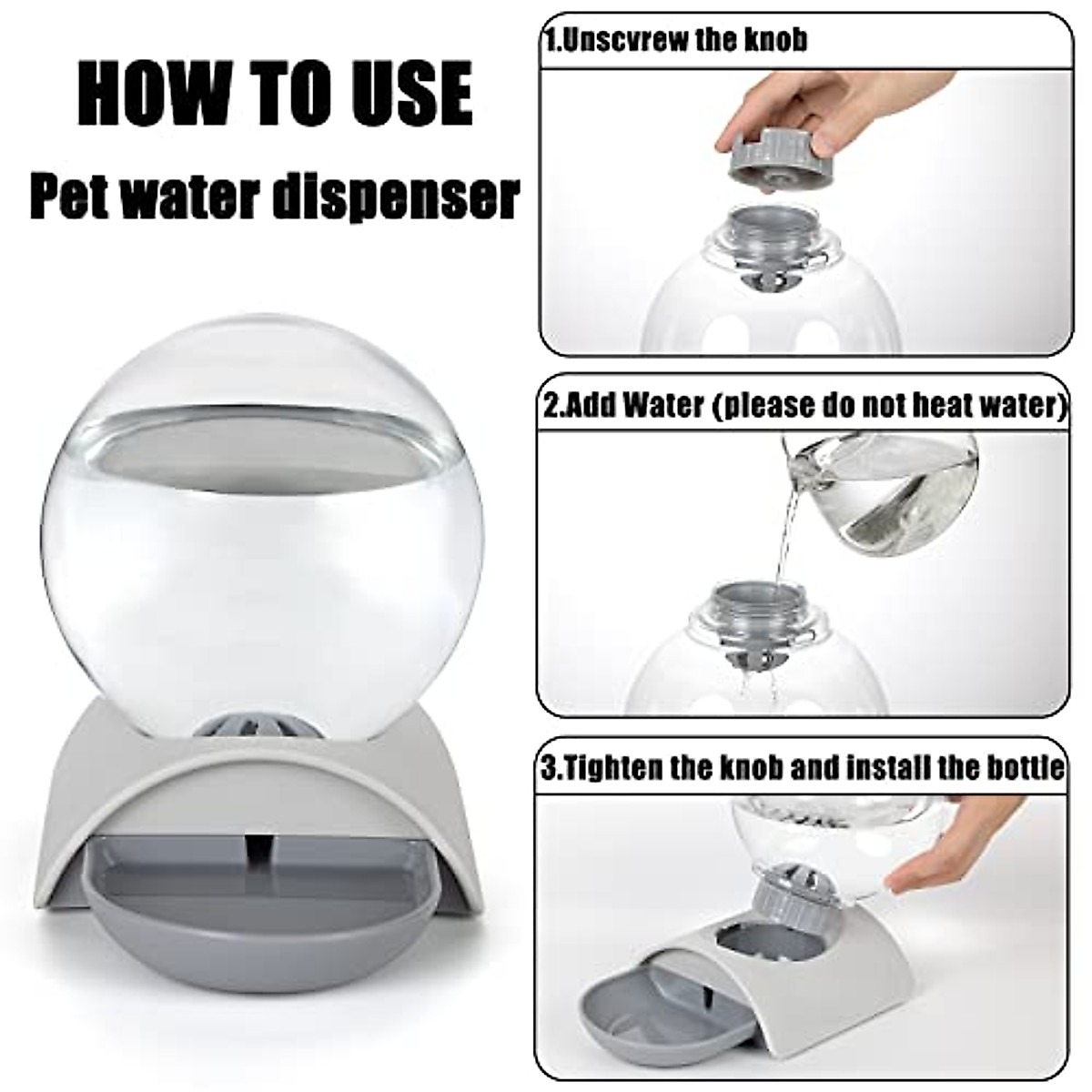 Vayugo Automatic Cat Water Dispenser, 2.8L/0.74 Gallon Gravity Pet Water Dispenser with Spherical Water Bubble for Cats, Dogs & Rabbit, Detachable Water Bowl Feeder Station for Small Animals
