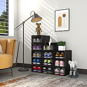 12 Pack Shoe Organizer Boxes, Black Plastic Stackable Shoe Storage Bins For Closet, Space Saving Shoe Holder Sneaker Display Case