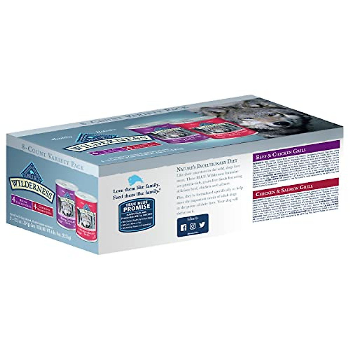 Blue Buffalo Wilderness High Protein, Natural Adult Wet Dog Food Variety Pack, Beef & Chicken Grill and Chicken & Salmon Grill 12.5-oz Cans (8 Count- 4 of Each Flavor)