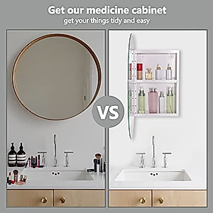 Movo Medicine Cabinet with Mirror Oval Beveled Polished Frameless Wall Mirror for Bathroom, Livingroom, Bedroom (18" W x 26" H Oval), Surface Mount Installation only, White Coated Metal Shelf