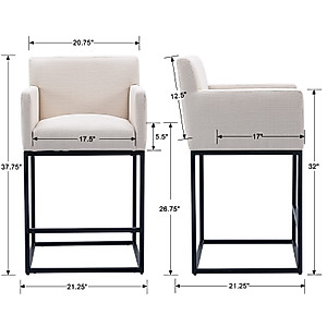 Modern Counter Height Bar Stools Set of 2, Linen Fabric Upholstered Bar Stools with Backs, 26 Inch Kitchen Island Stools with Black Metal Frame, Cream