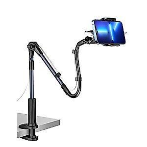 PEMOTech Gooseneck Phone Holder Stand for Bed, Flexible Arm Cell Phone Stand Clamp on Desk, 360° Rotation Horizontally + 220° Rotation Up and Down, Compatible with 4"-7" Devices