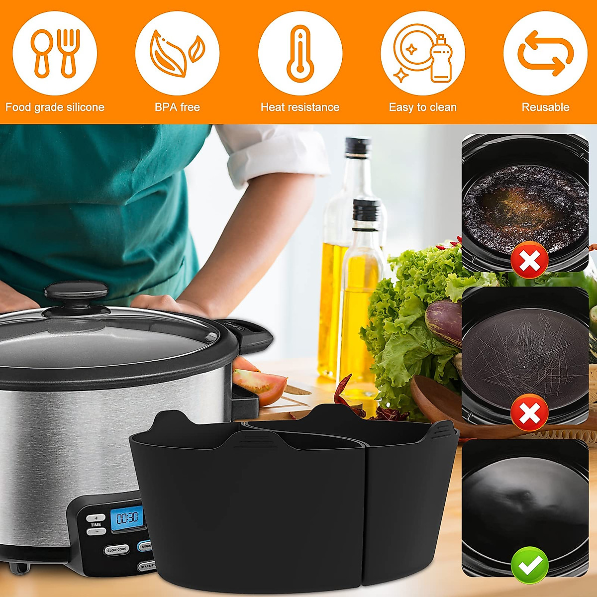 Slow Cooker Divider Liner Fit for 6 QT Pot, Silicone Crock Pot Cooking Liners Insert, Heat Resistant Reusable Slow Cooker Crock Pot Divider Insert, Leakproof & Dishwasher Safe(Black)