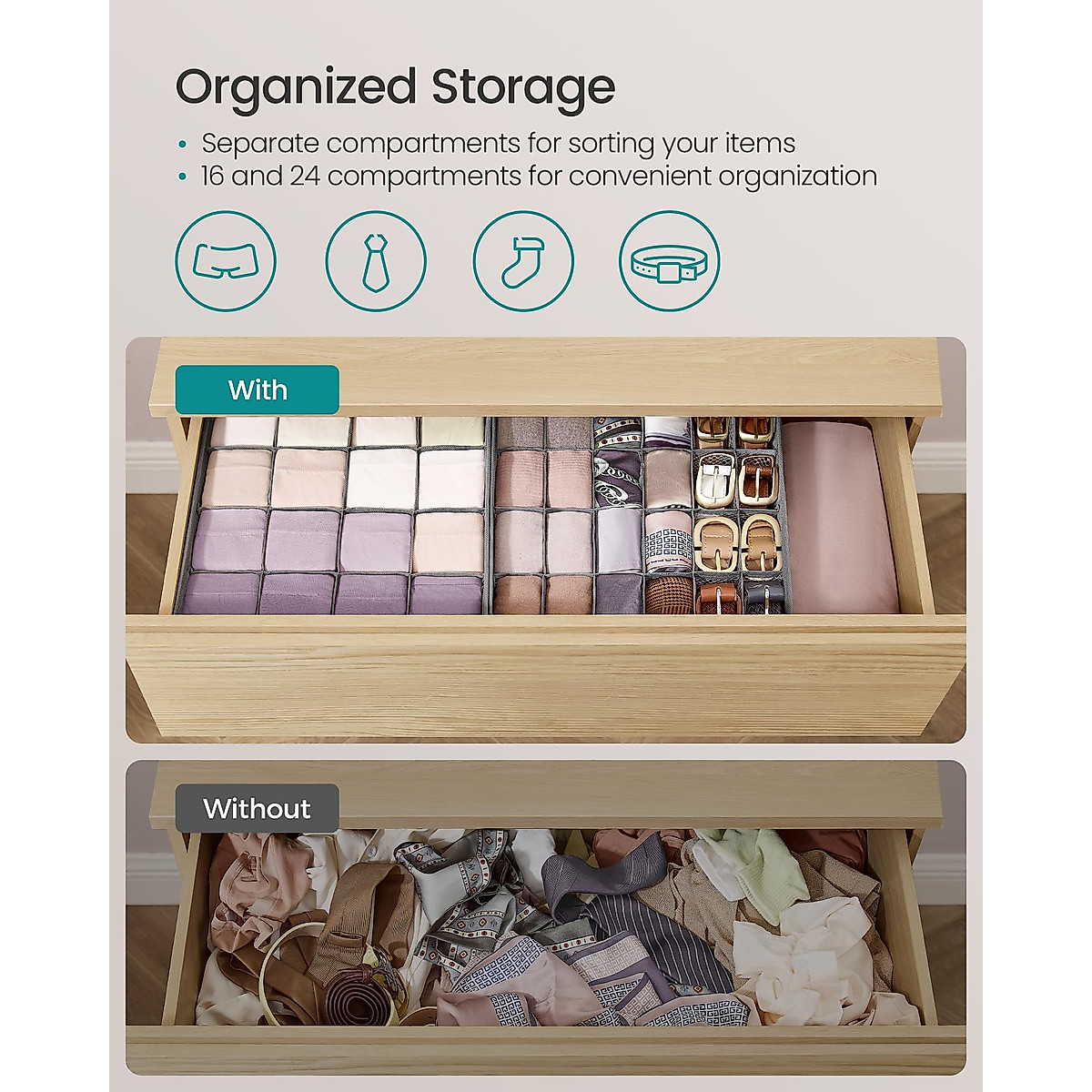 SONGMICS Set of 4 Drawer Organizers, Closet Organizers for Underwear, 80 Cells, Foldable Sock Holders, 11.8 x 11.8 x 3.9 Inches, for Storing Socks, Ties, Belts, Dove Gray URUS011G01
