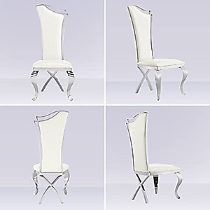 ACEDÉCOR Dining Chairs, White Leather Upholstered Dining Chairs Set of 4, Modern Gorgeous Streamlined High Back Chair with Silver Mirror Curved and X-Shaped Metal Legs