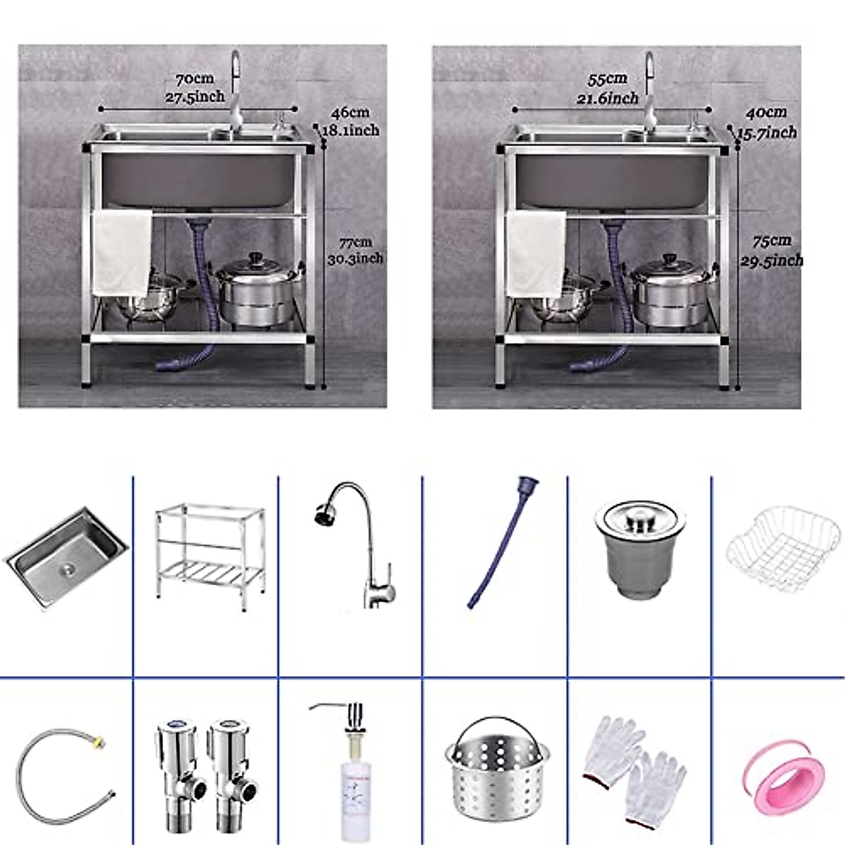 Laundry Sink Stainless Steel Outdoor Sink for Washing, Utility Single Bowl Sink, Commercial Kitchen Prep with Faucet and Drainboard, for Backyard Garage Camping Portable Handwashing Station (Size : 5