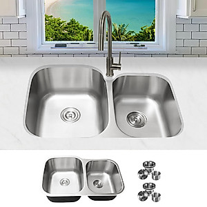 KABCO 32 Inch Stainless Steel 60/40 Double Unequal Bowl Classic Kitchen Sink, Extra Thick 16 Gauge Undermount Rust, Sound and Heatproof Sink with Sink Strainer and Removable Garbage Basket