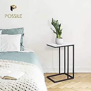 Possile C Shaped Side Table Set of 2, Marble End Table for Sofa and Bed, Couch Table That Slide Under, Snack Side Table for Living Room, Bedroom or Small Spaces, White and Black