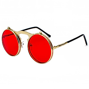 COASION Red Round Flip Up Sunglasses for Men Women Juniors Circle Steampunk Costume Glasses (Gold Frame/Red Lens)