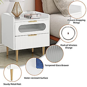 AILEEKISS Nightstand with Wireless Charging Function Modern Night Stands with Tempered Glass Drawer Wooden Nightstands for Bedroom (White)