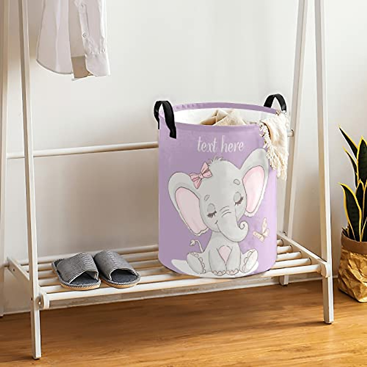 Personalized Butterfly Elephant Purple Laundry Hamper with Name Text Storage Clothes Basket Foldable Laundry Bag with Handles
