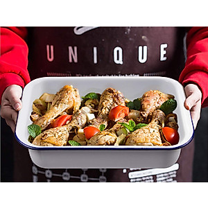 Webake Enamelware 9x13 Baking Pan Oblong Cake Pan Enameled Steel Roasting Pan Baking Dish Lasagna Pan Food Containers, Solid White with Blue Rim